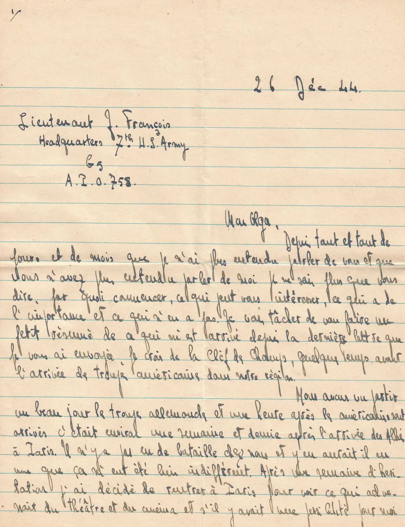 Jacques FRANÇOIS - Émouvante lettre durant la guerre.
