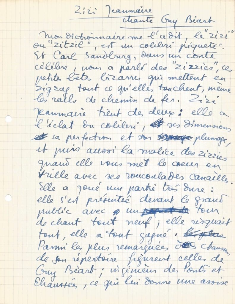 Boris VIAN - Manuscrit autographe. Zizi Jeanmaire chante Guy Béart.