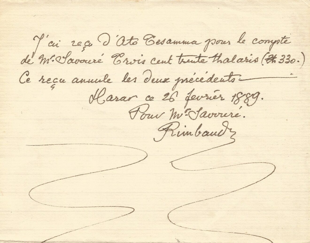 Arthur RIMBAUD - Manuscrit autographe signé. Harar, 1889.