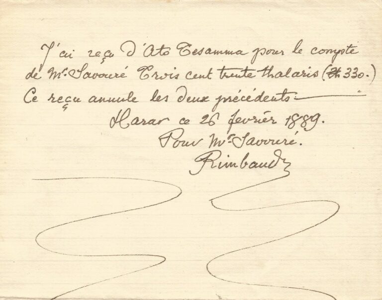 Arthur RIMBAUD - Manuscrit autographe signé. Harar, 1889.
