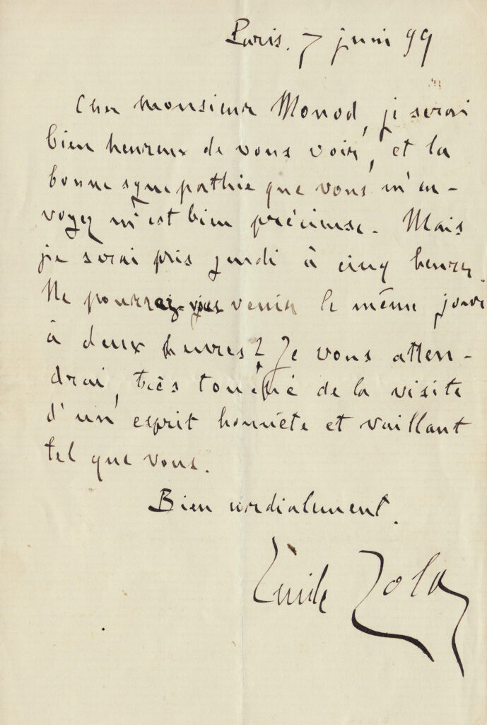 De retour d'exil, Emile ZOLA reçoit son ami dreyfusard Gabriel Monod.