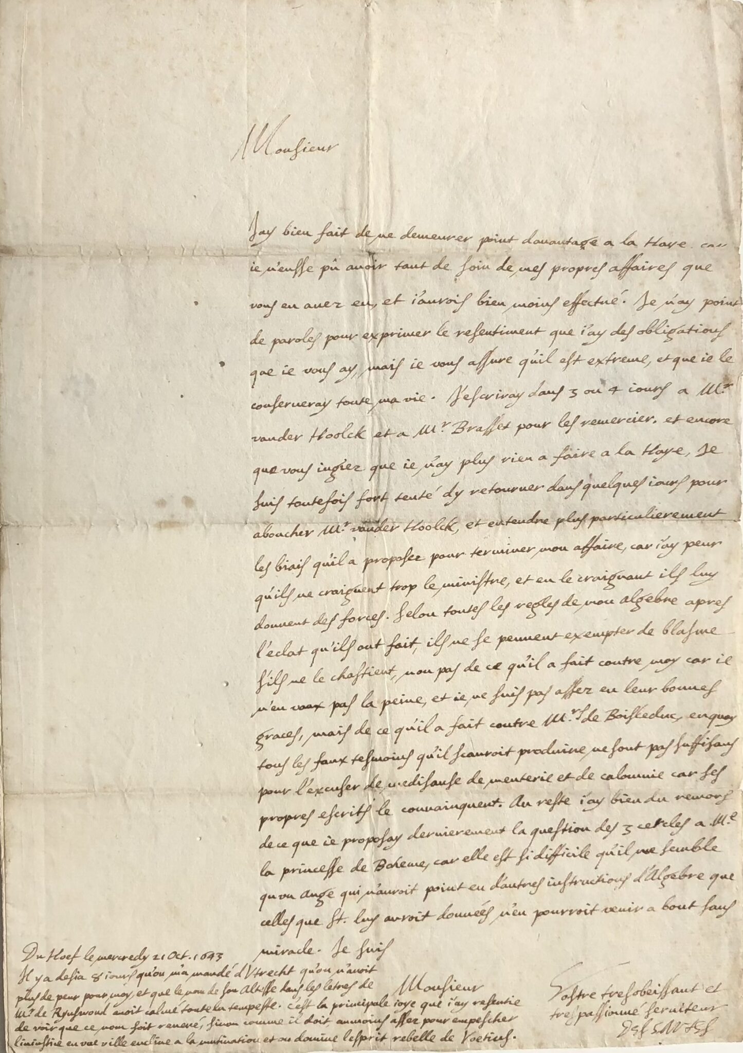 René DESCARTES - Lettera autografa firmata della più grande rarità. 1643.