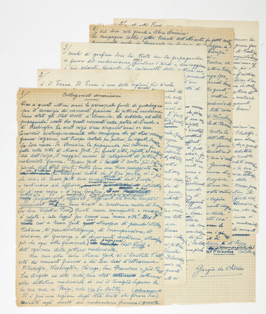 Giorgio De CHIRICO - Collezionisti americani. Manuscrit autographe signé.