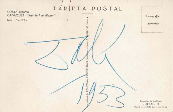 Signature autographe de Salvador DALI au verso d'une vue de Cadaqués.