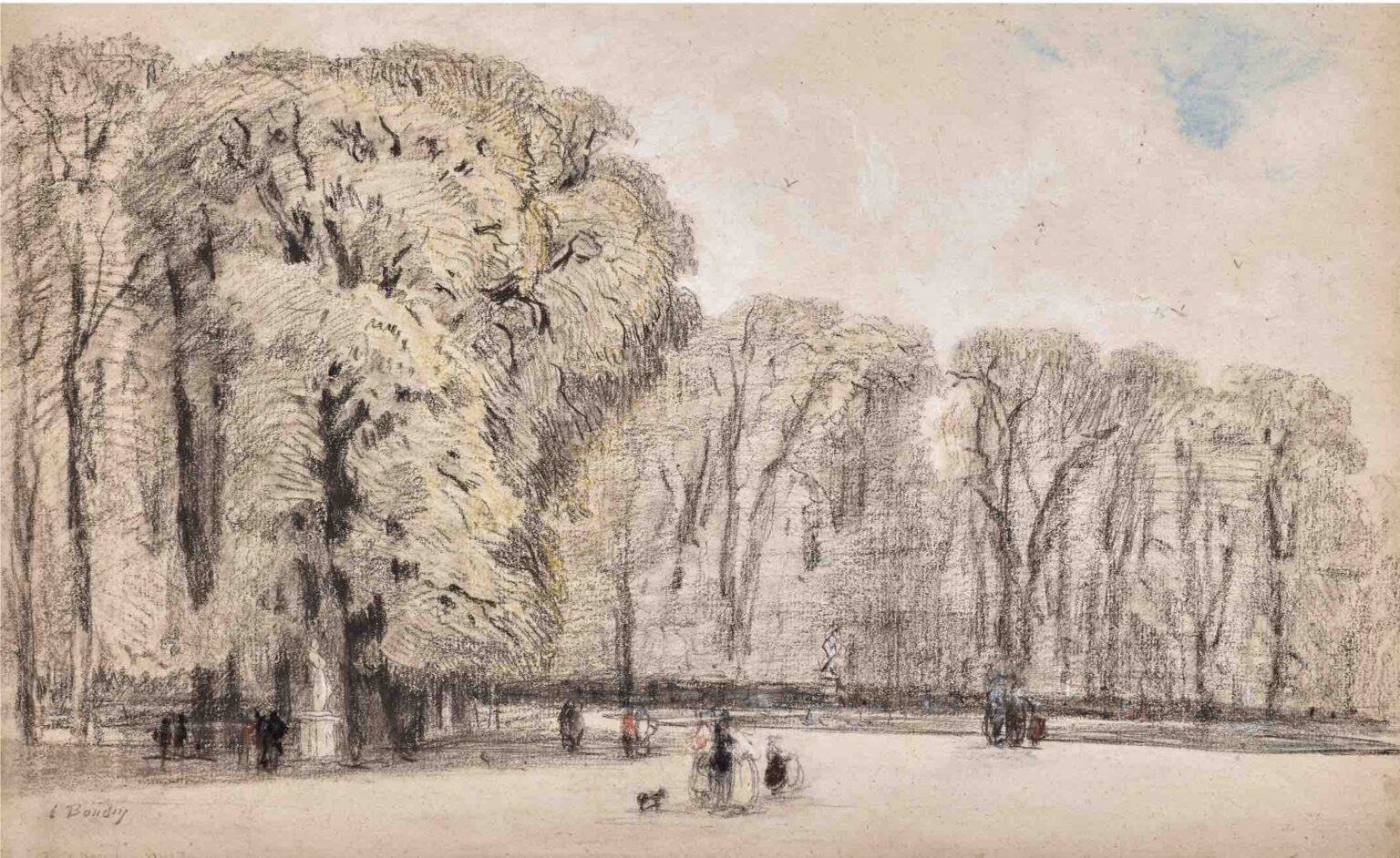 Eugène BOUDIN - Original drawing - View of a park. Charcoal and pastel ...