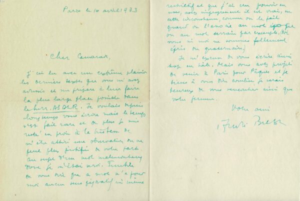 André BRETON writes to a comrade from the journal "Le Surréalisme ASDLR".