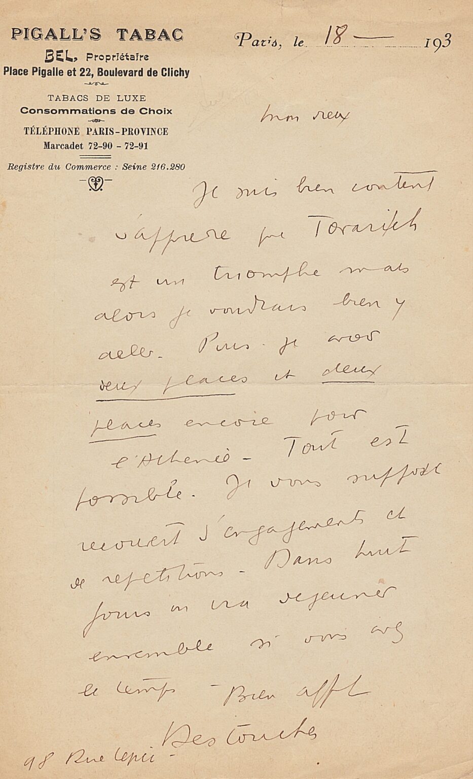 Louis-Ferdinand Céline escribe a su amigo Jacques Deval. 1933.
