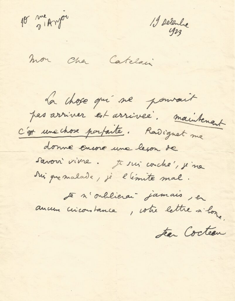 Jean COCTEAU, désespéré, pleure la mort de Raymond RADIGUET. 1923.